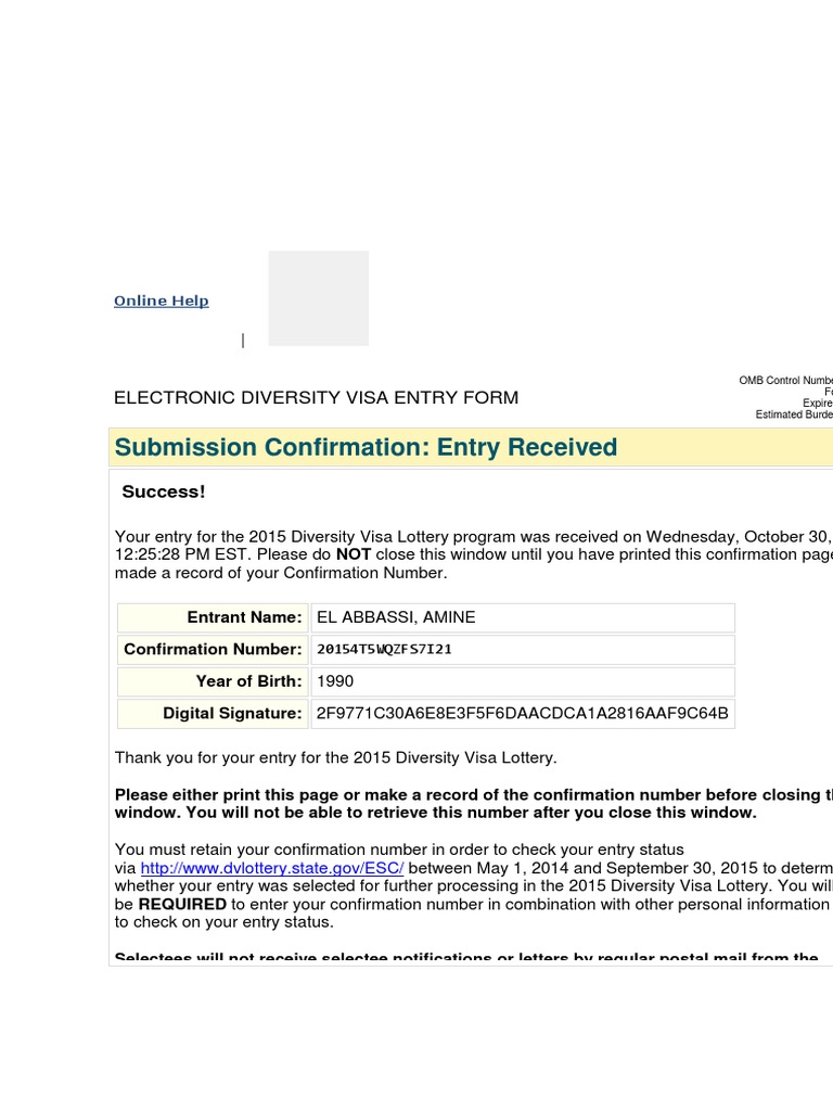 Submission Confirmation: Entry Received: Electronic Diversity Visa ...