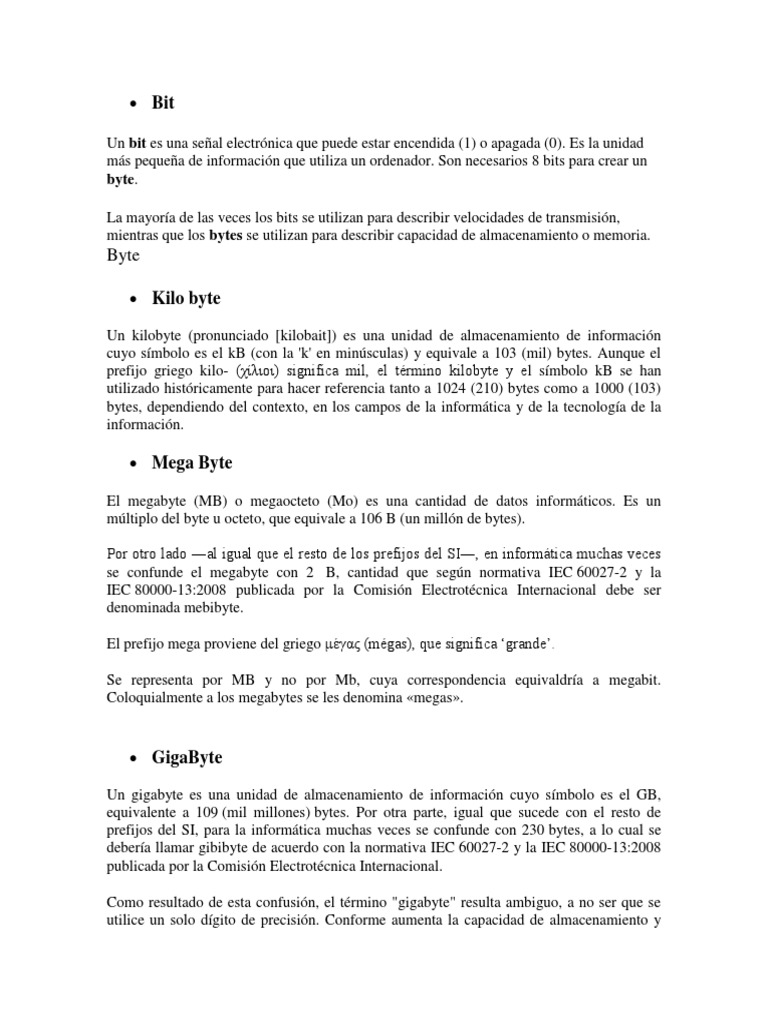 Bit, Kilo Byte, Megabyte, Gigabyte | PDF | Byte | Unidades de medida