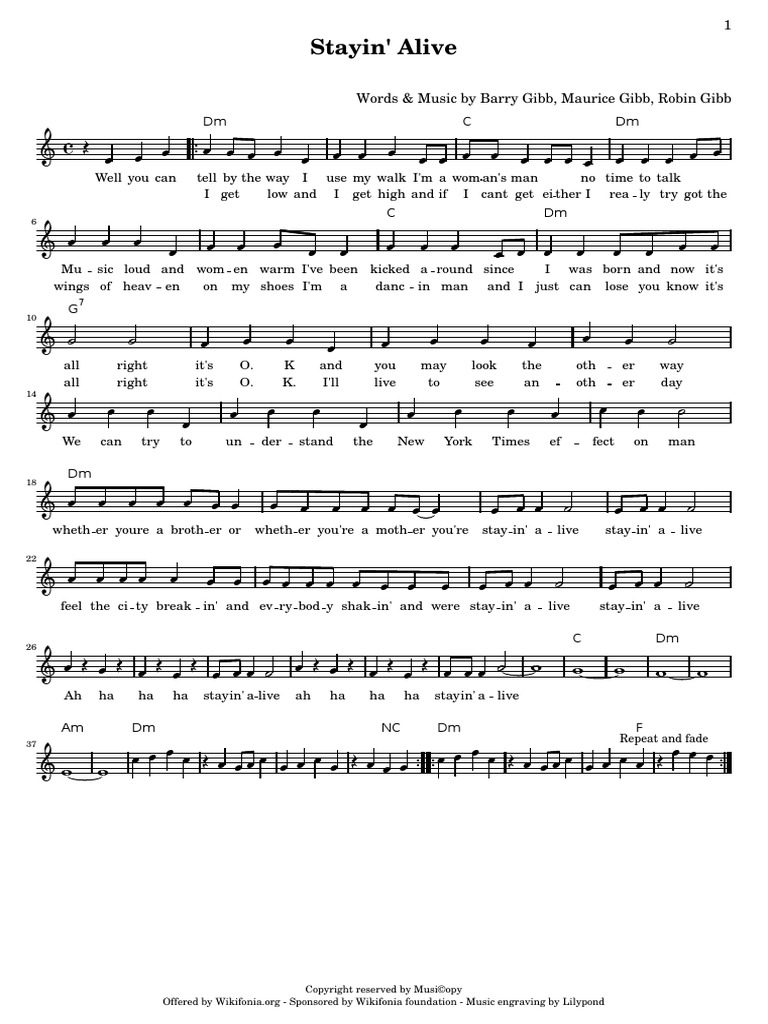 Wikifon song lyrics about staying alive in the city | PDF