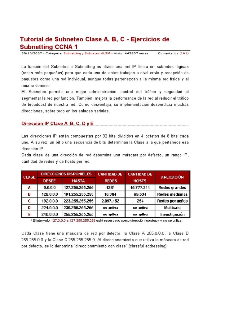 Tutorial de Subneteo Clase A, B, C - Ejercicios de Subnetting CCNA 1 PDF | PDF | Dirección IP ...