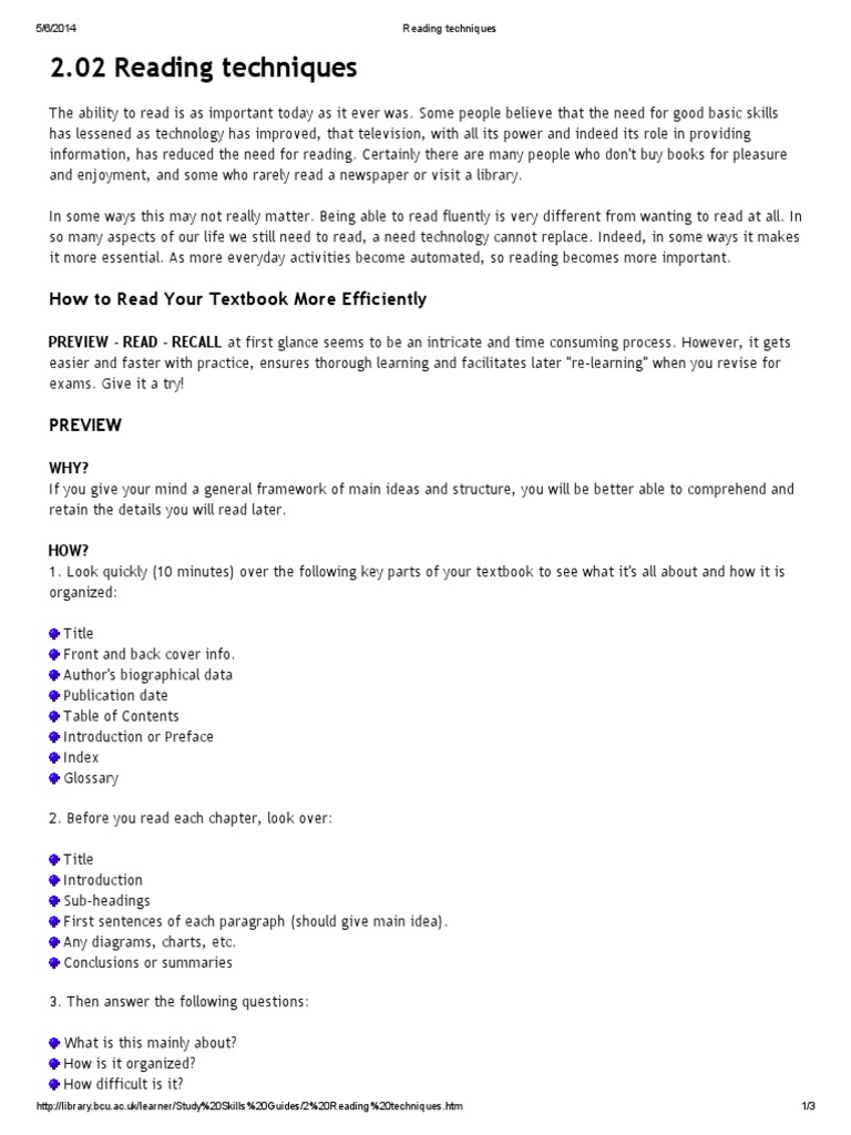 2.02 Reading Techniques: How To Read Your Textbook More Efficiently | PDF | Speed Reading ...