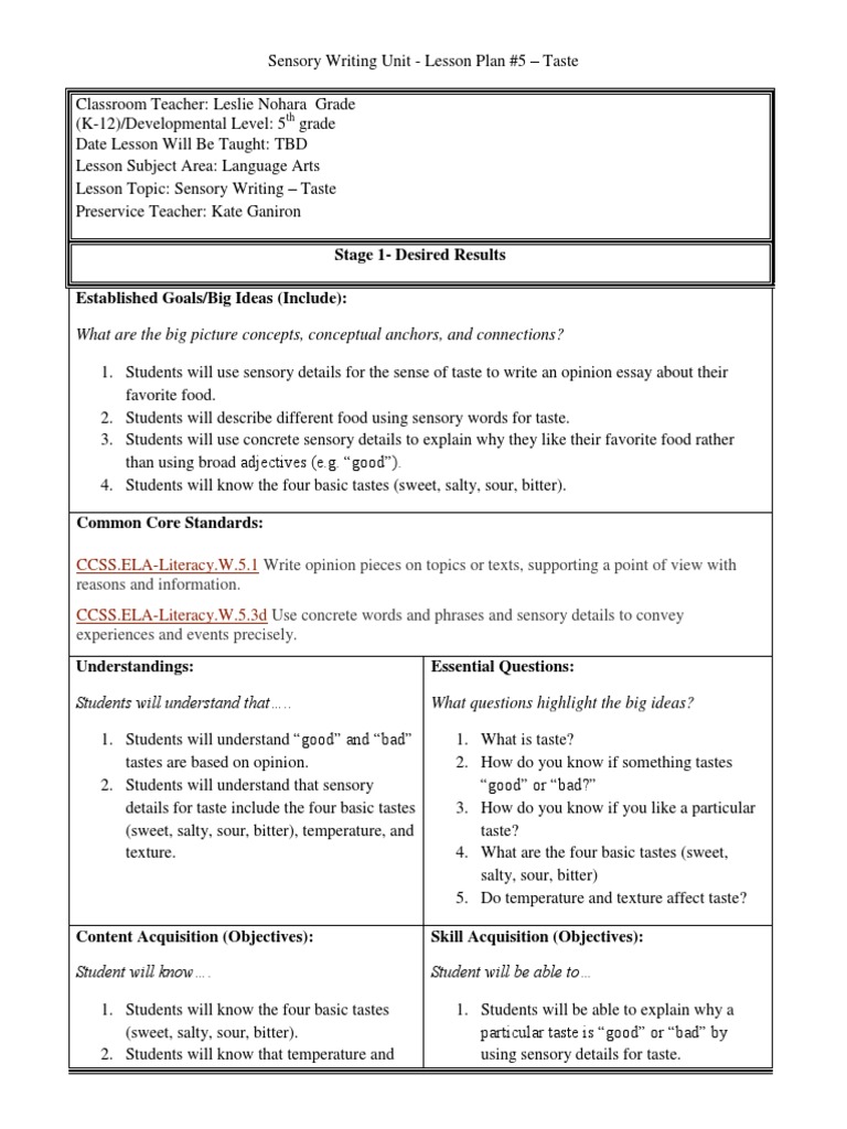 Lesson Plan 5 - Taste | PDF | Taste | Perception