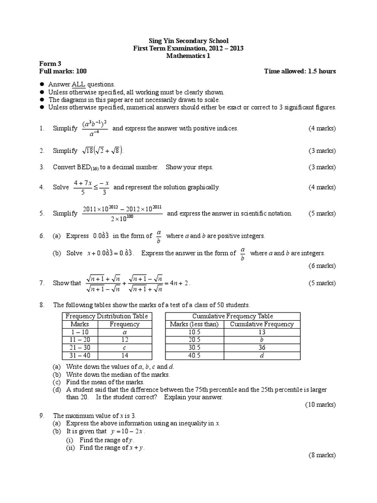 F3 Maths 2012 1stexam Paper1 | PDF | Teaching Mathematics | Science