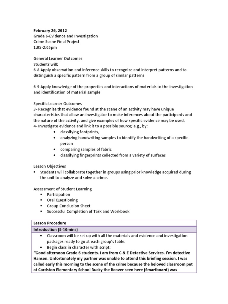 Crime Scene Final Project Lesson Plan | PDF | Crime Scene | Fingerprint