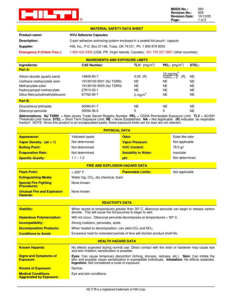 Hilti - HVU Adhesive Capsules | PDF | Silicon Dioxide | Safety