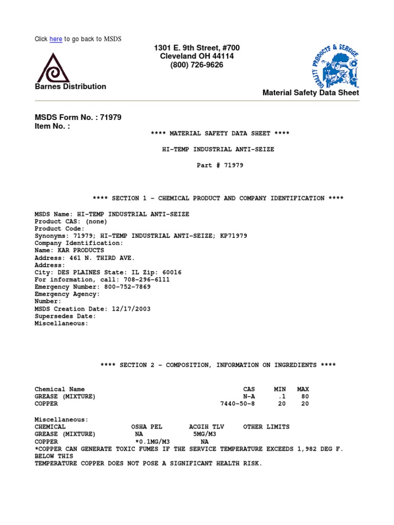 Hi-Temp Industrial Anti-Seize MSDS | PDF | Sodium | Firefighting