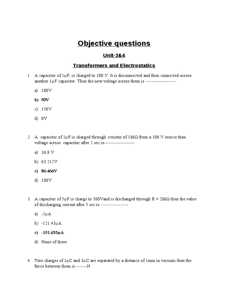 Objective Questions: Unit-3&4 Transformers and Electrostatics | PDF ...