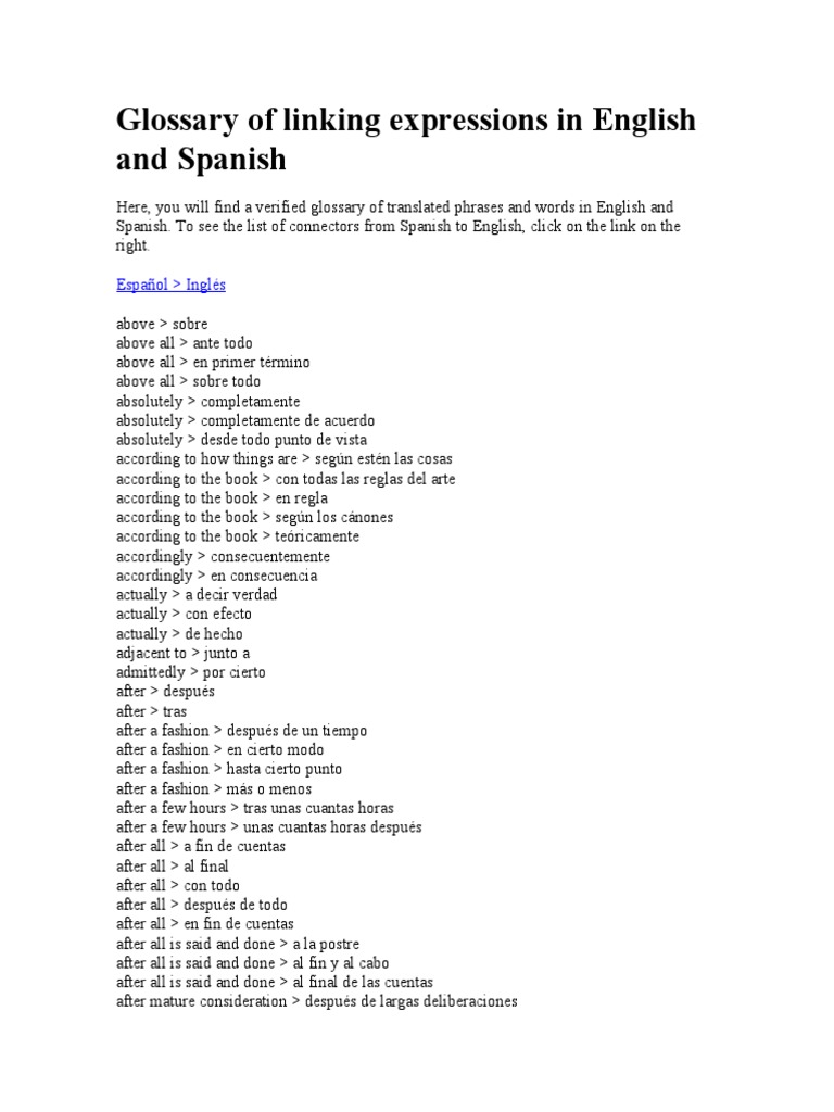 Glossary of Linking Expressions in English and Spanish | PDF
