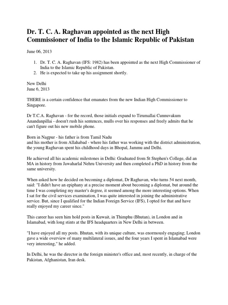 Dr. T. C. A. Raghavan Appointed As The Next High Commissioner of India ...