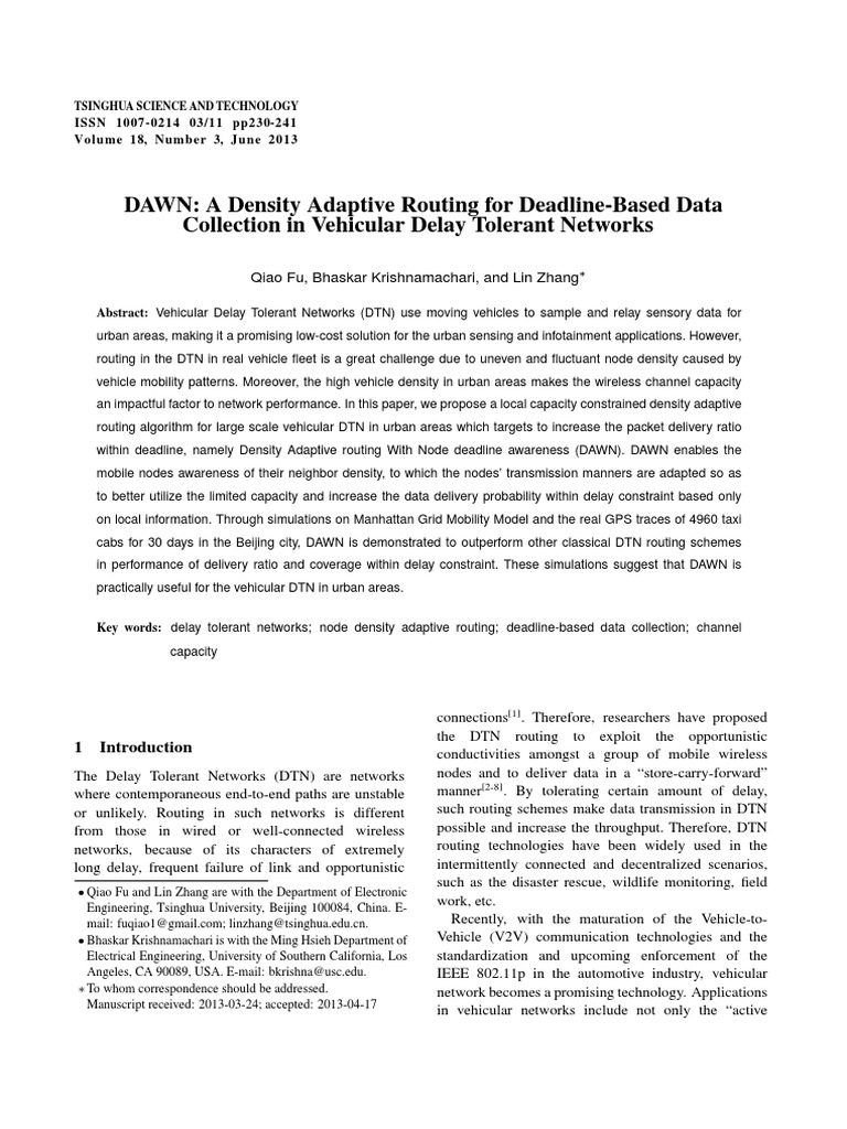 DAWN: A Density Adaptive Routing For Deadline-Based Data Collection in Vehicular Delay Tolerant ...