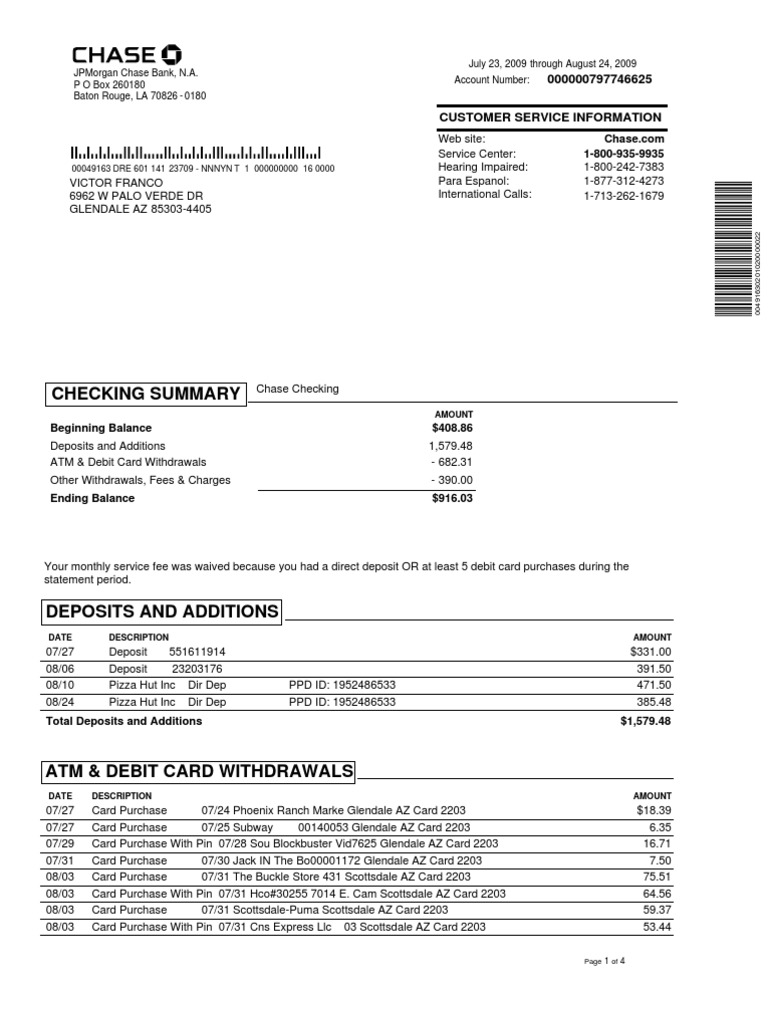 July 23, 2009 Through August 24, 2009 JPMorgan Chase Bank, | Cheque ...