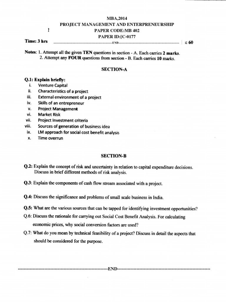 MBA, 2014 Project Management and Enterpreneurship Paper Code:Mb 402 PAPER ID: (C-0177 | PDF ...