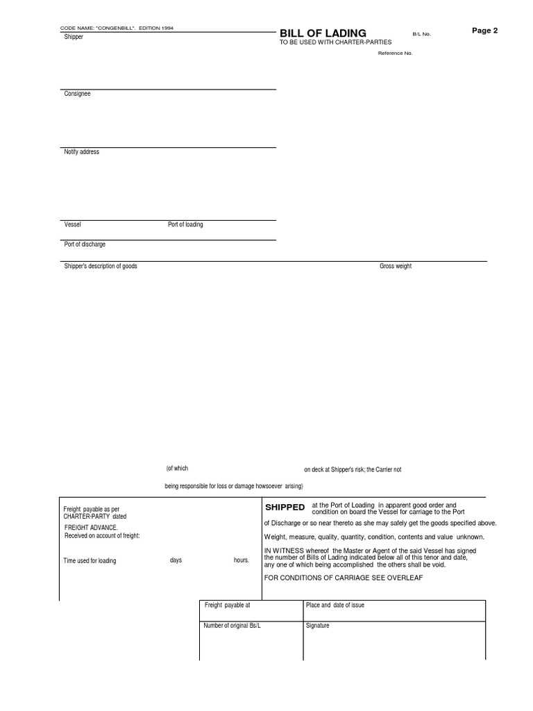 ConGen Bill 1994 | Bill Of Lading | Cargo