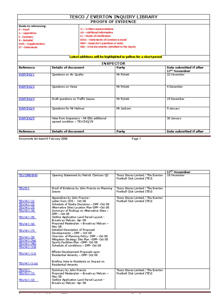 Public Inquiry - Proof of Evidence List | Sports | Business | Free 30 ...