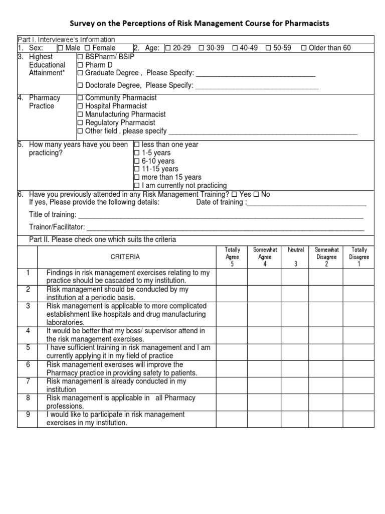 Questionnaire For Risk Management Course | PDF | Pharmacy | Risk Management