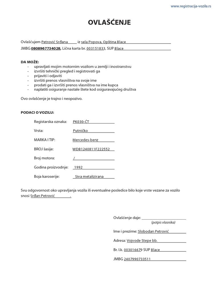 Ovlascenje Za Upravljanje Tudjim Vozilom | PDF