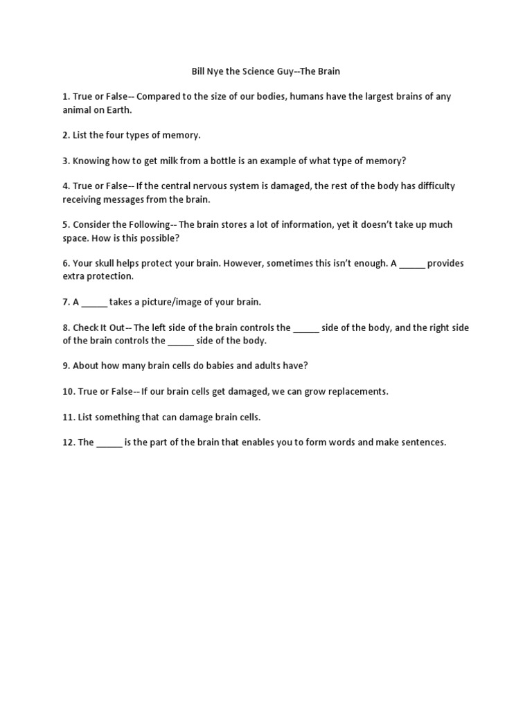Bill Nye: La Hoja De Trabajo Sobre El Cerebro Bill Nye Brain | TPT
