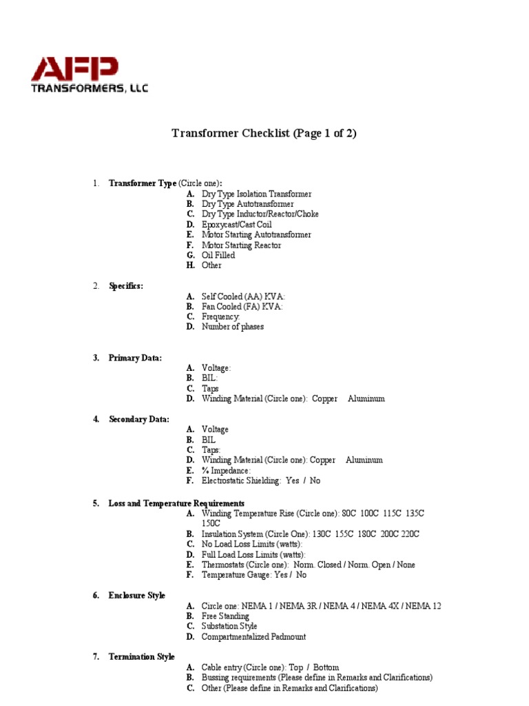 Transformer Checklist (Page 1 of 2) : 1. Transformer Type (Circle One ...