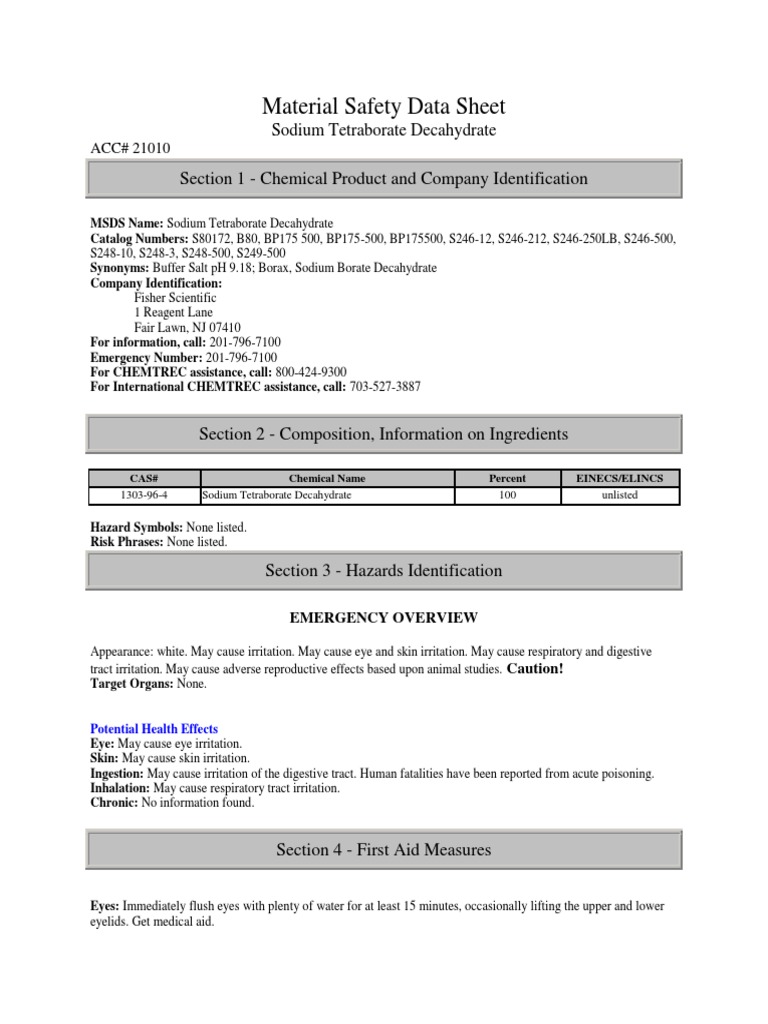 Material Safety Data Sheet Borax | PDF | Personal Protective Equipment ...