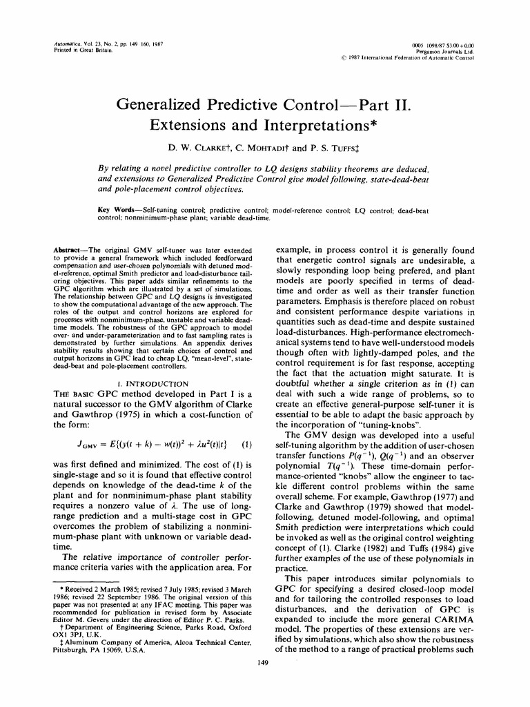 Generalized Predictive Control Part II. Extensions and Interpretations ... Generalized Predictive Control Part II. Extensions and Interpretations ...