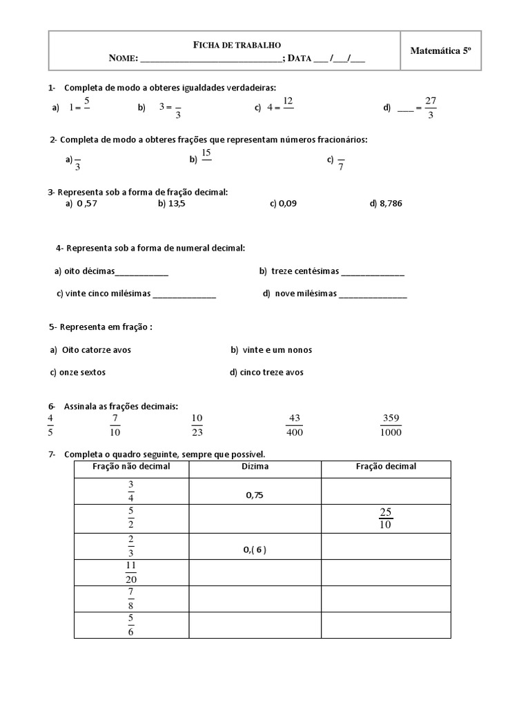 Ficha 02 - Frações Decimais | PDF | Fração (Matemática) | Aritmética