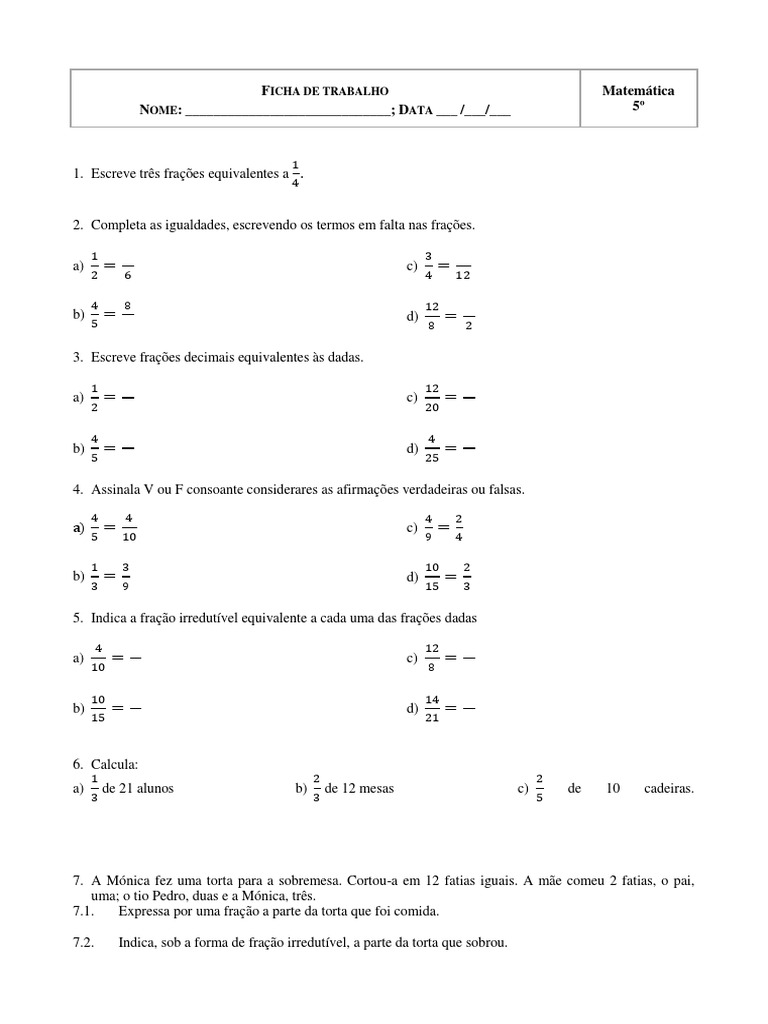 Ficha 03 - Frações Equivalentes | PDF