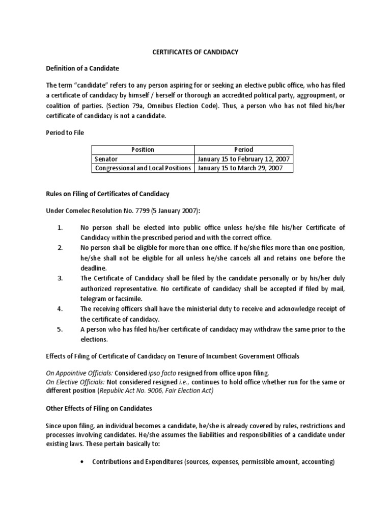 CERT. OF CANDIDACY - For | PDF | Commission On Elections (Philippines ...
