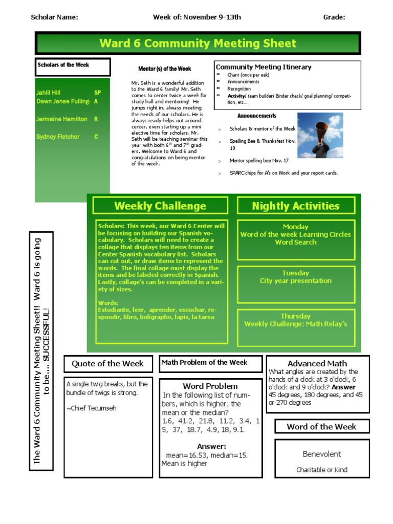 Community Meeting Sheet Week of 11-9 | PDF