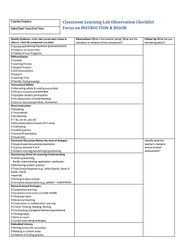 Classroom Observation Checklist Guide | PDF | Career & Growth