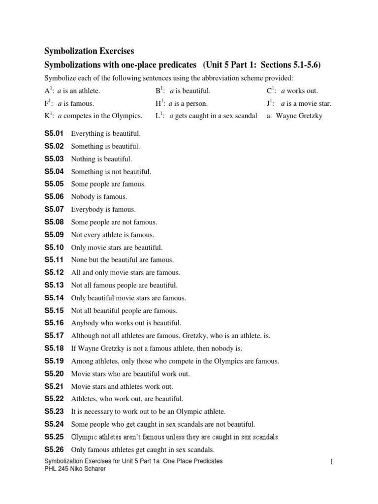 Symbolization Exercises For Unit 5 Part 1a One Place Predicates | PDF ...