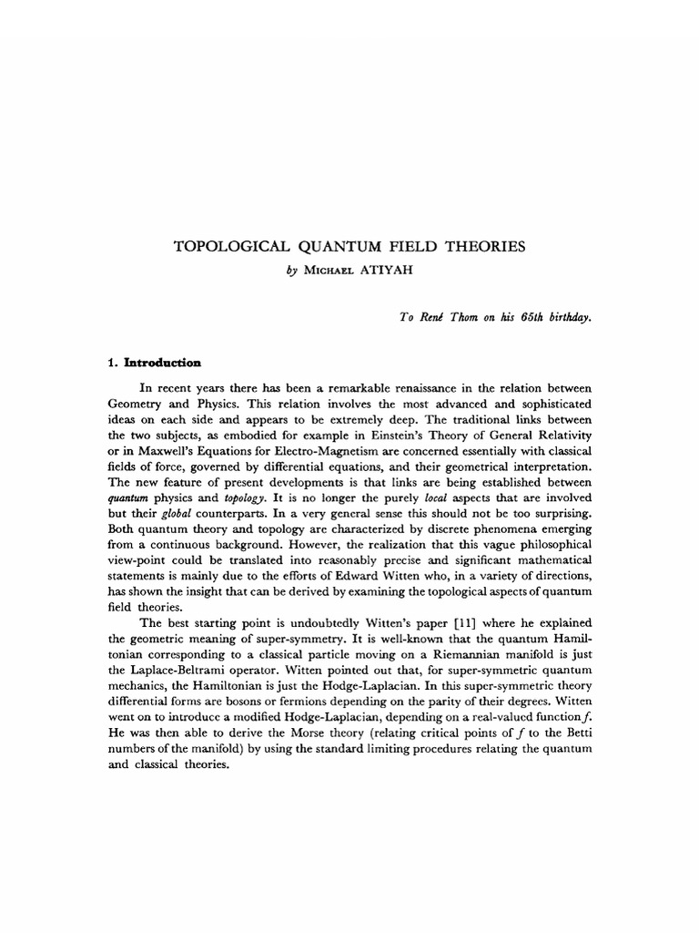 Topological Quantum Field Theories - Atiyah | PDF | Field (Physics) | Quantum Field Theory
