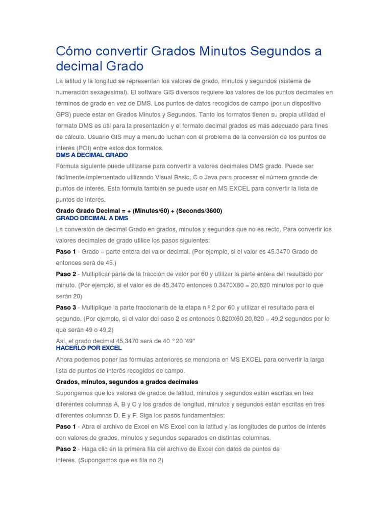 Conversión de DMS a Grados Decimales | PDF | Decimal | Microsoft Excel