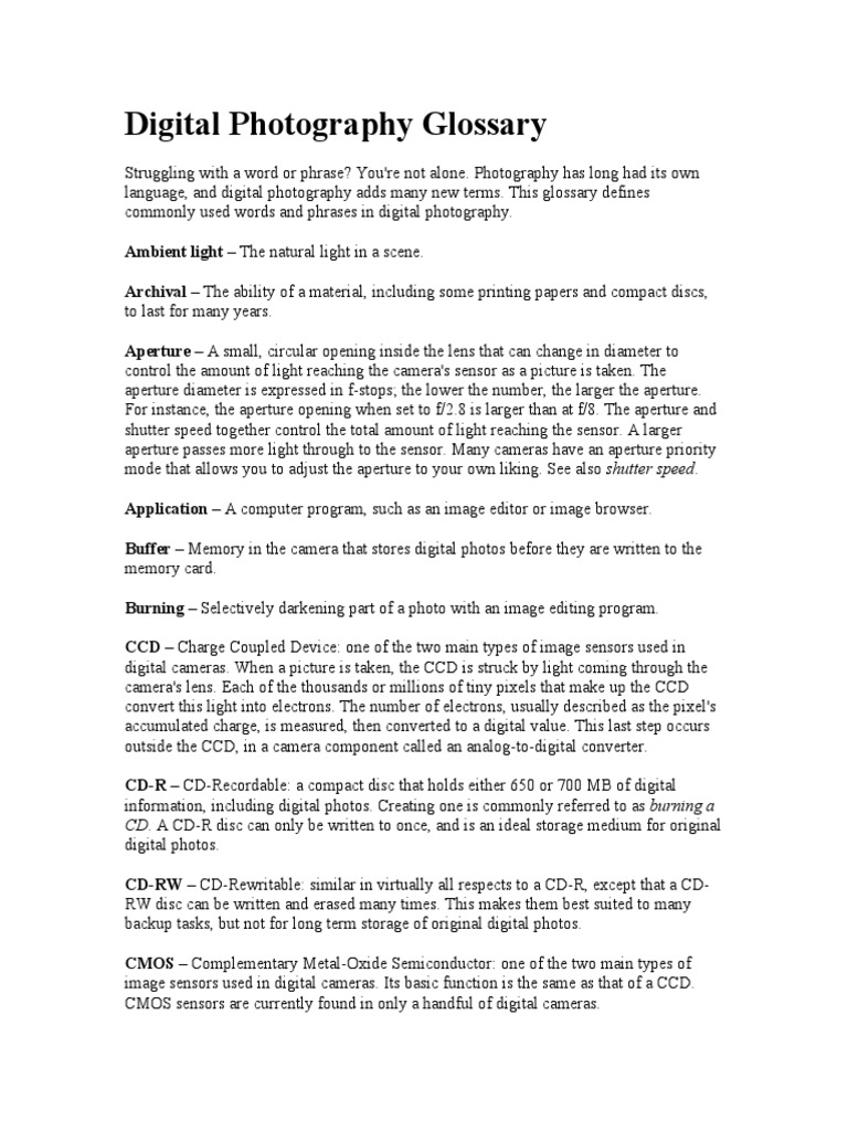 Digital Photography Glossary | PDF | Digital Photography | Digital Camera