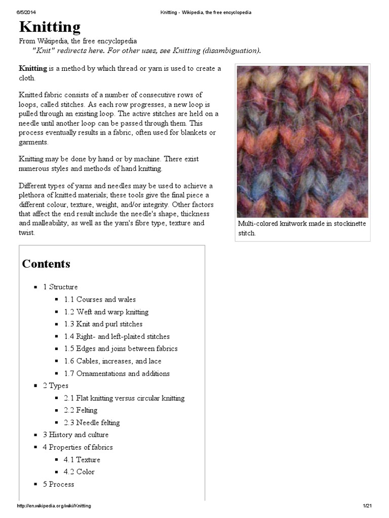 Knitting - Wikipedia, The Free Encyclopedia | PDF | Knitting | Basic ...