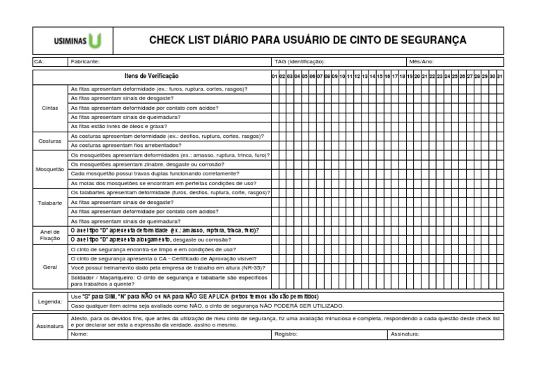 Check List Cinto de Segurança