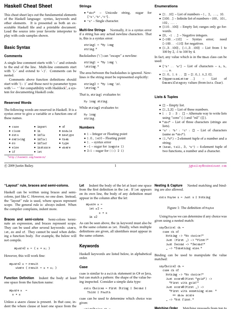 Haskell Cheatsheet | PDF | Class (Computer Programming) | Data Type
