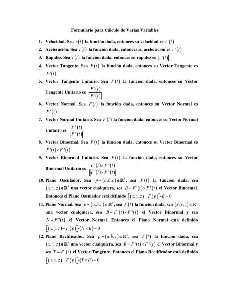 Formulario para Cálculo de Varias Variables | PDF | Degradado ...