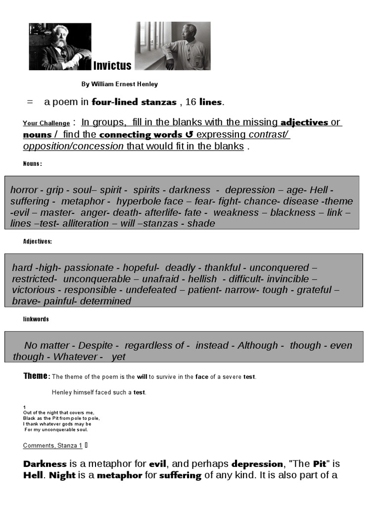 Invictus Study Guide Correction CLOZE TEST | PDF | Anger | Hell