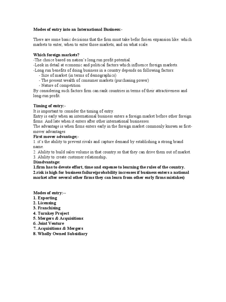 International Business Entry Modes Explained | PDF | Subsidiary ...
