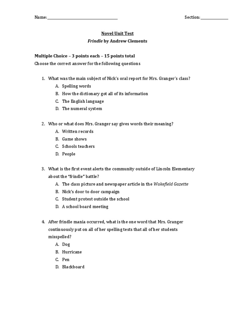 Frindle Novel Unit Test Questions | PDF | Communication | Cognition
