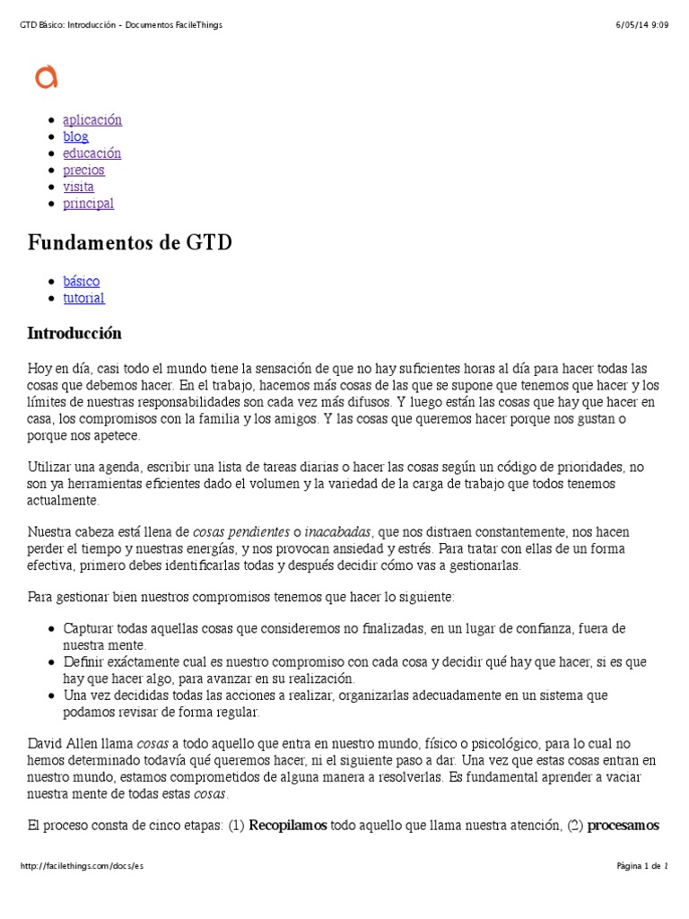 GTD Básico: Introducción - Documentos FacileThings | PDF | Mente | Conceptos psicologicos