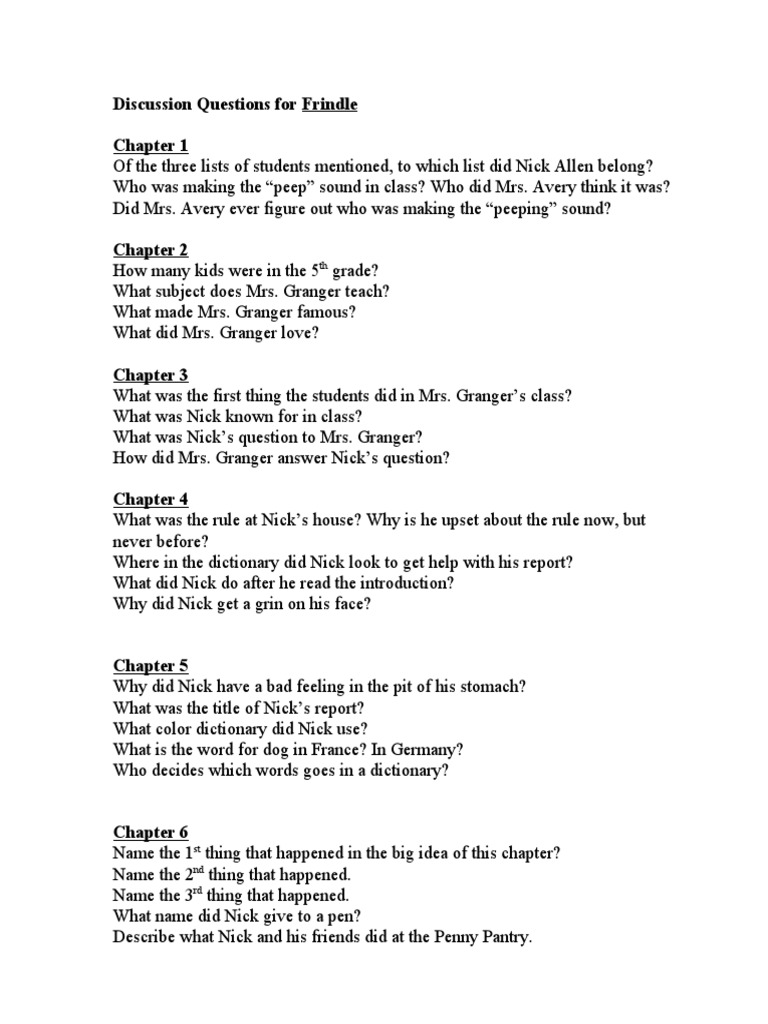 Discussion Questions For Frindle | PDF | Language Arts & Discipline ...