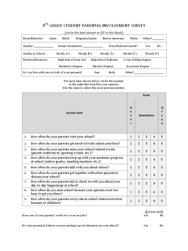 8th Grade Parental Involvement Survey | PDF | Wellness
