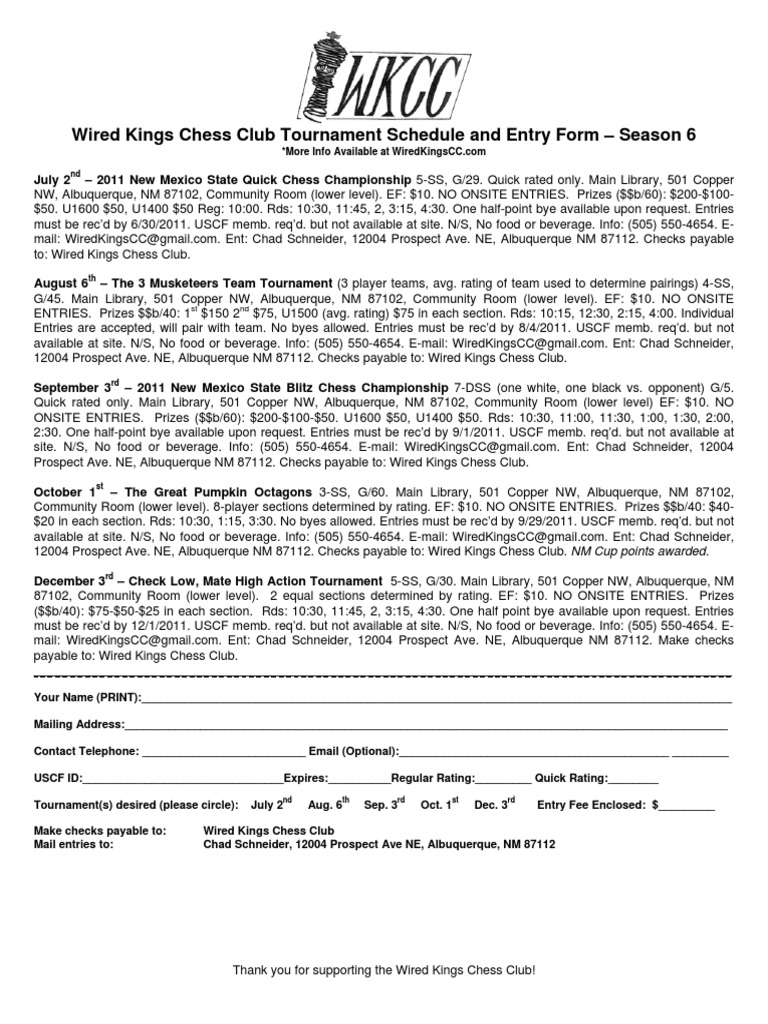 Wired Kings Chess Club Tournament Schedule and Entry Form - Season 6 ...