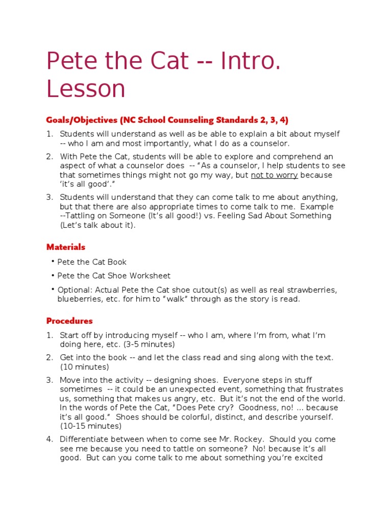 Intro Lesson - Pete The Cat | PDF | Pedagogy | Cognitive Science