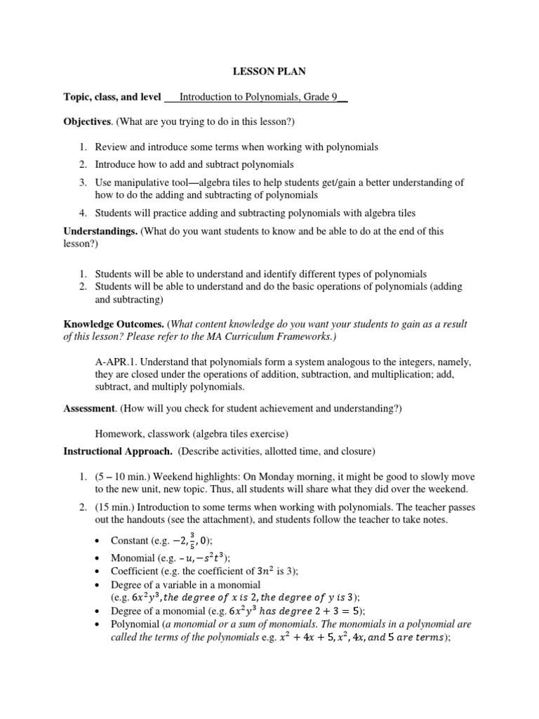 Grade 9 Polynomials Lesson Plan | PDF | Polynomial | Mathematical Analysis