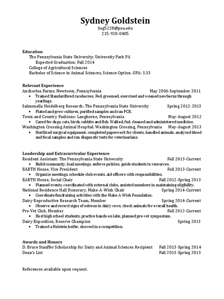 Animal Sciences Resume of Sydney Goldstein | PDF | Self-Improvement ...
