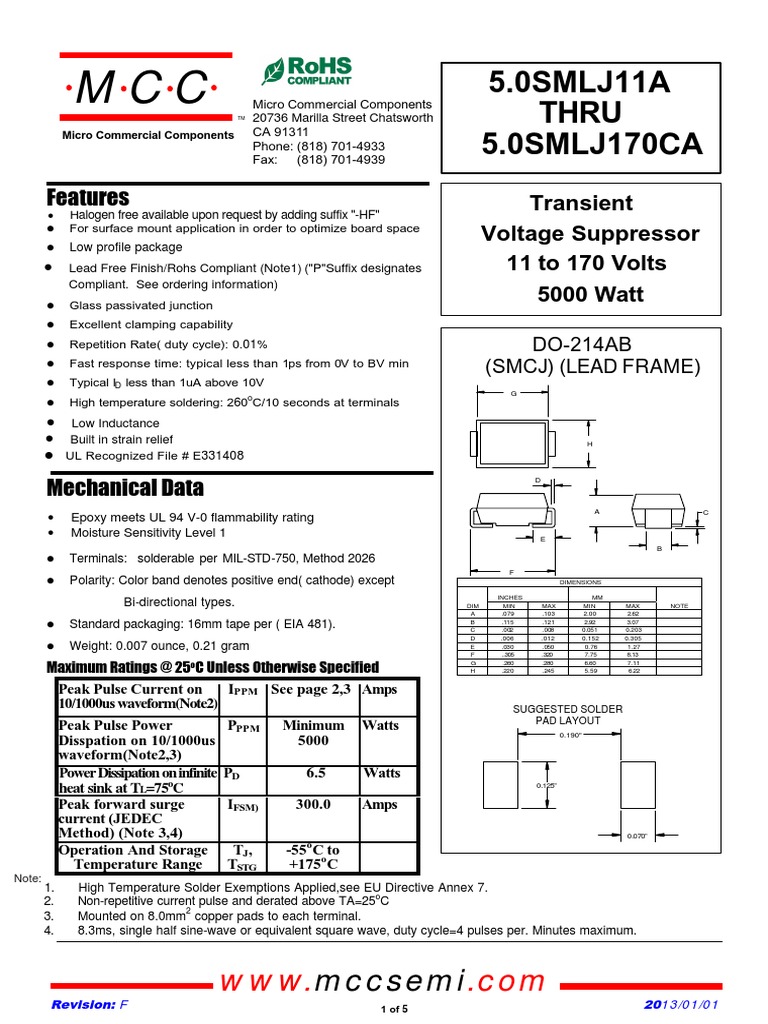 5.0SMLJ24A Datasheet | PDF | Electrical Engineering | Electromagnetism