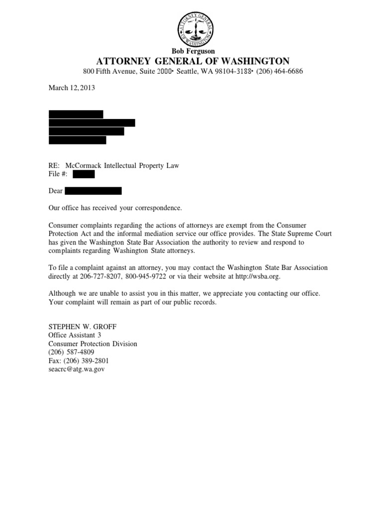 McCormack AG Complaint Rejection Letter | PDF | Complaint | Common Law