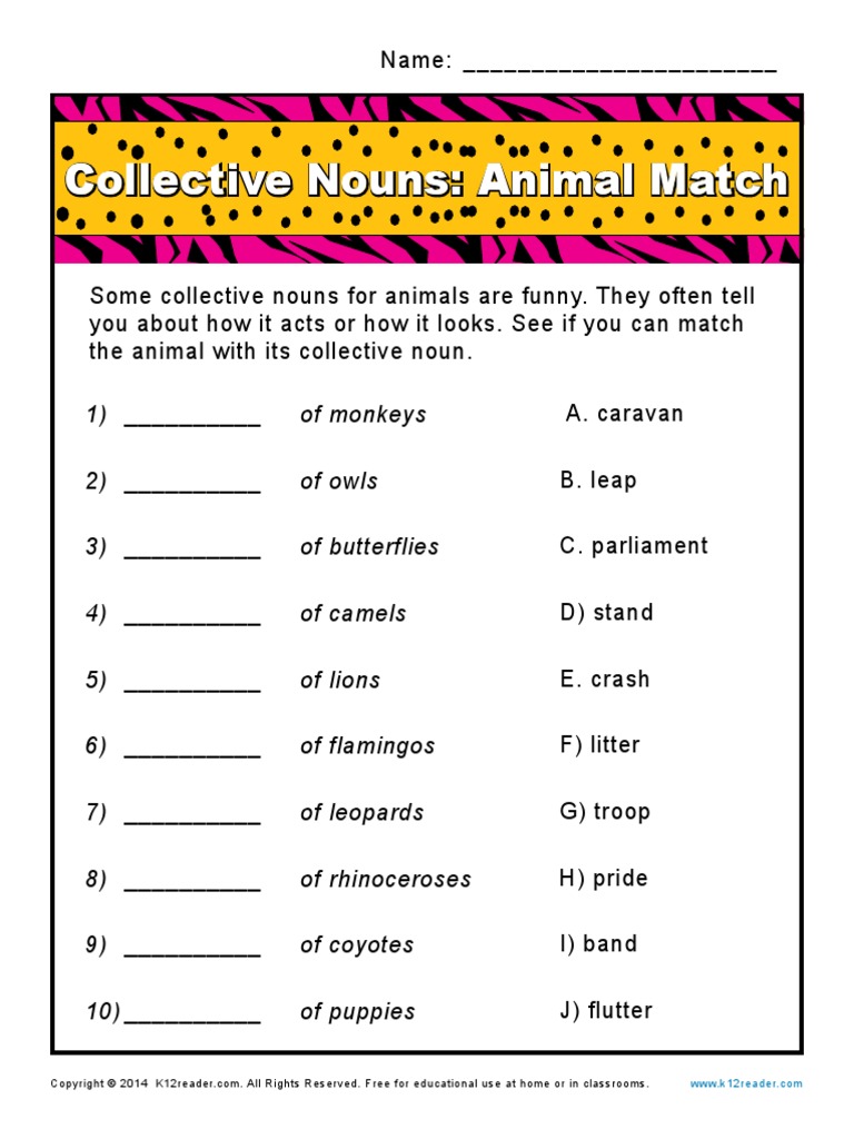 Collective Nouns Animal Match | PDF | Language Arts & Discipline